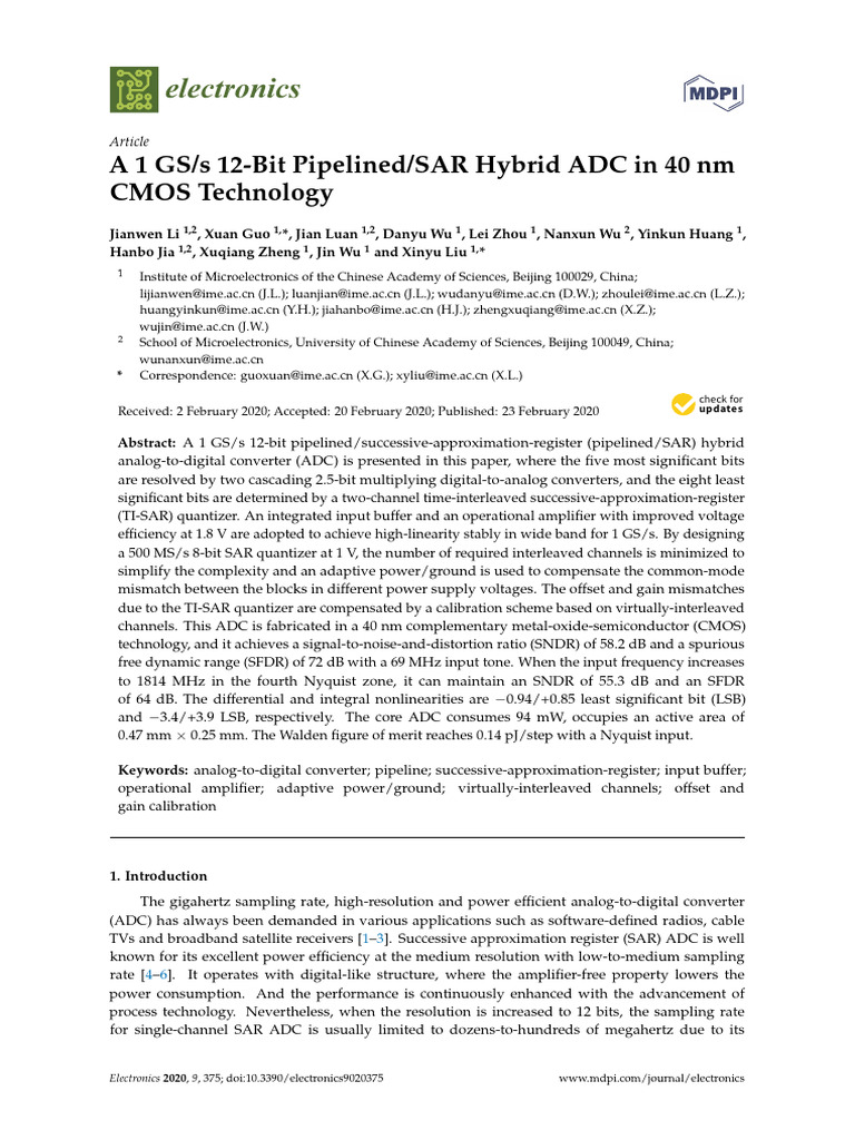 A 1 GSs 12-Bit Pipelined SAR Hybrid ADC in 40 Nm CMOS Technology | PDF | Analog To Digital ...