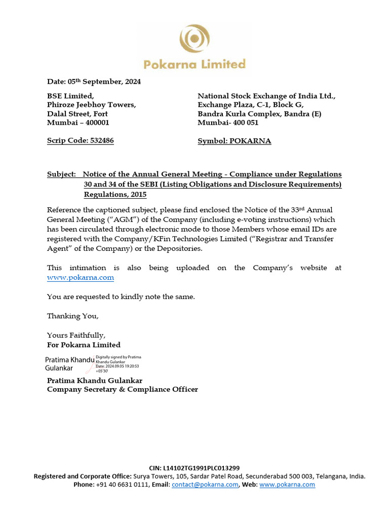 Pokarna Limited AGM Notice 2024 | PDF | Urbanization | Infrastructure
