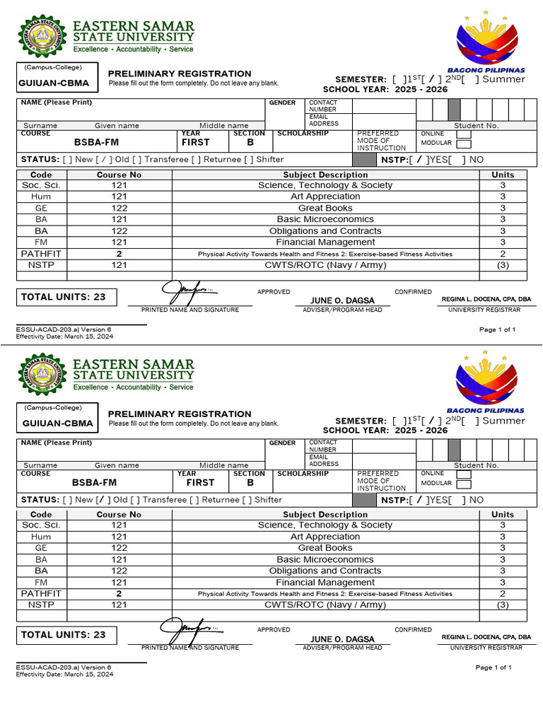 Preliminary Registration Form 2025-2026 | PDF