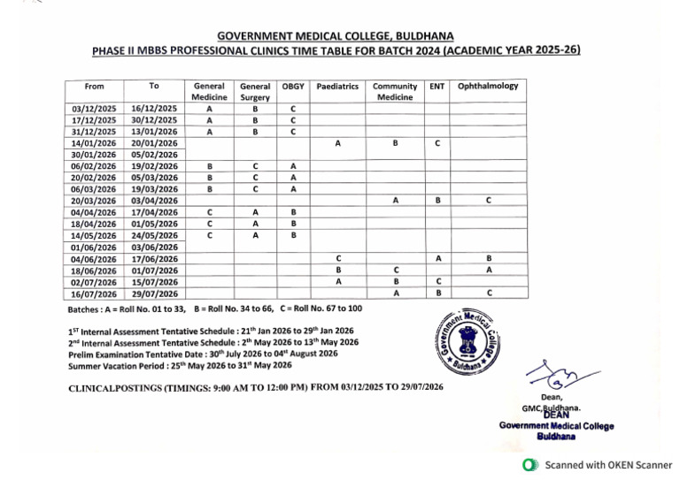 Clinical Posting Time Table - Batch 2024 | PDF