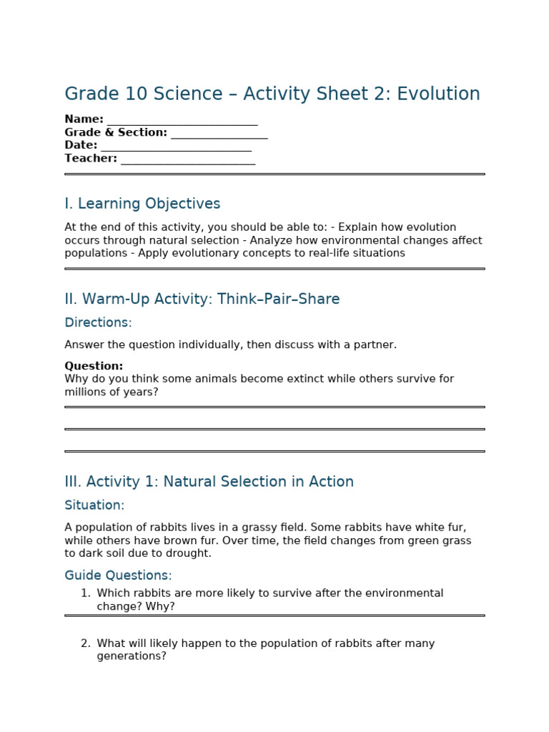 Grade 10 Evolution Activity Sheet | PDF | Evolution | Natural Selection