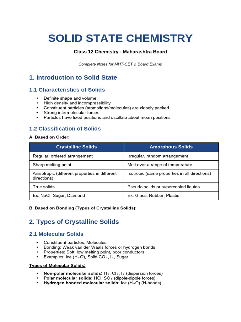 Solid State Chemistry Notes for MHT-CET | PDF | Crystal Structure ...