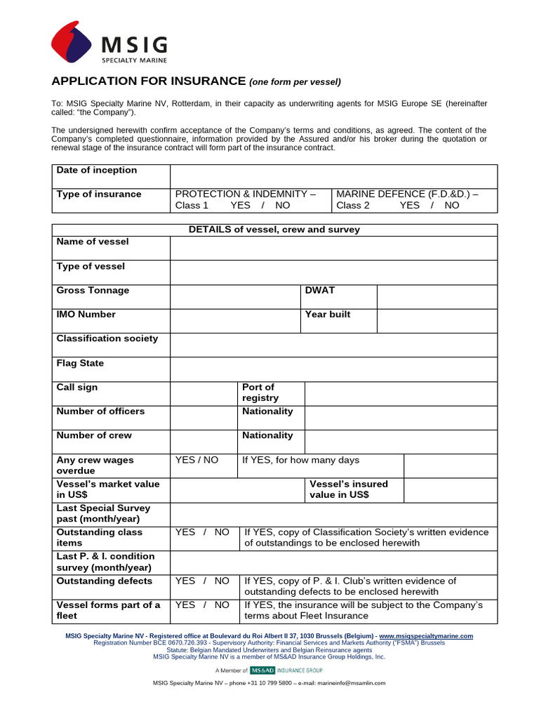 Marine Insurance Application Form | PDF | Insurance | Legal Liability
