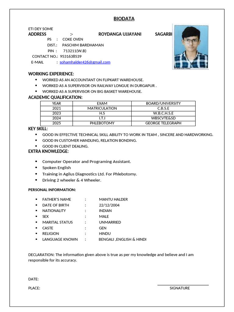 Biodata Soham 6 | PDF