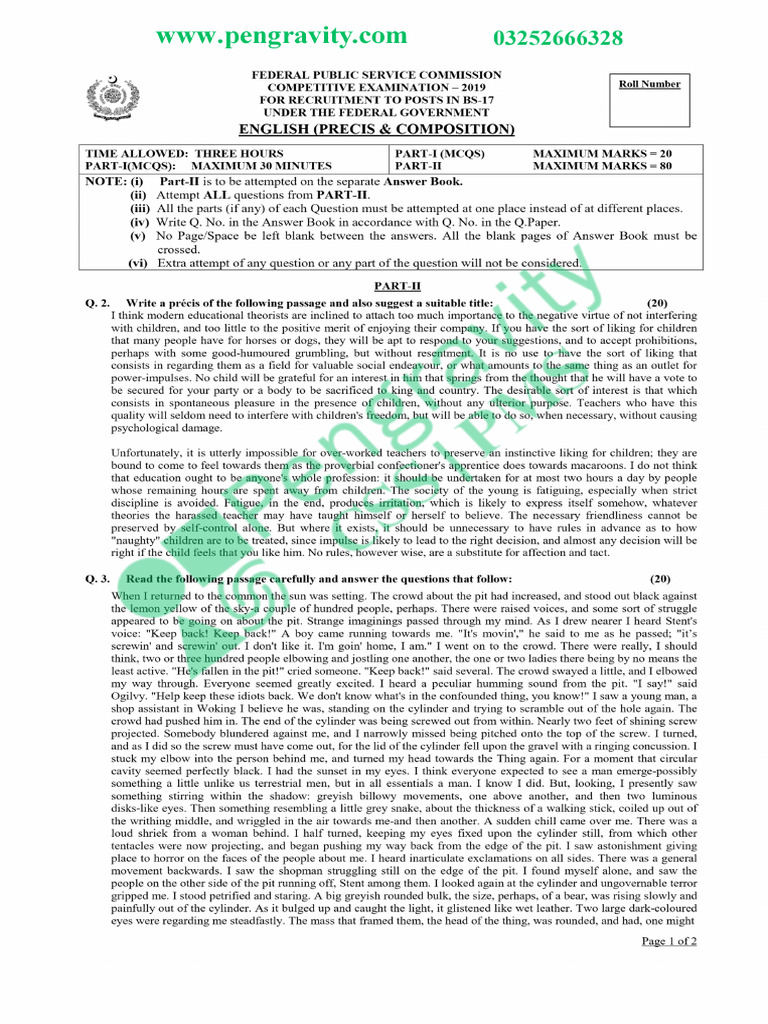 CSS English Precis and Composition Past Papers 2019 | PDF