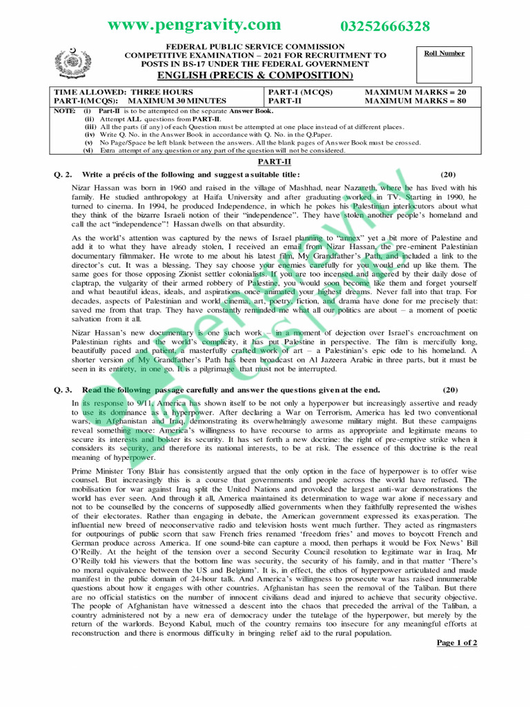 CSS English Precis and Composition Past Papers 2021 | PDF