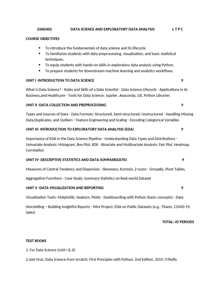 24ad402 Data Science and Exploratory Data Analysis l t p c | PDF | Data Science | Data Analysis