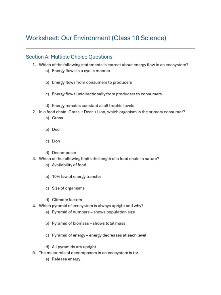 Class 10 Science Worksheet – Our Environment | PDF | Ecosystem | Food Web