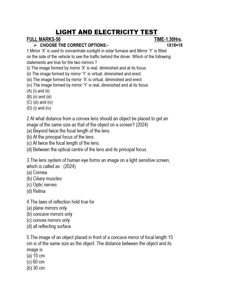 Light and Electricity Test | PDF | Mirror | Light