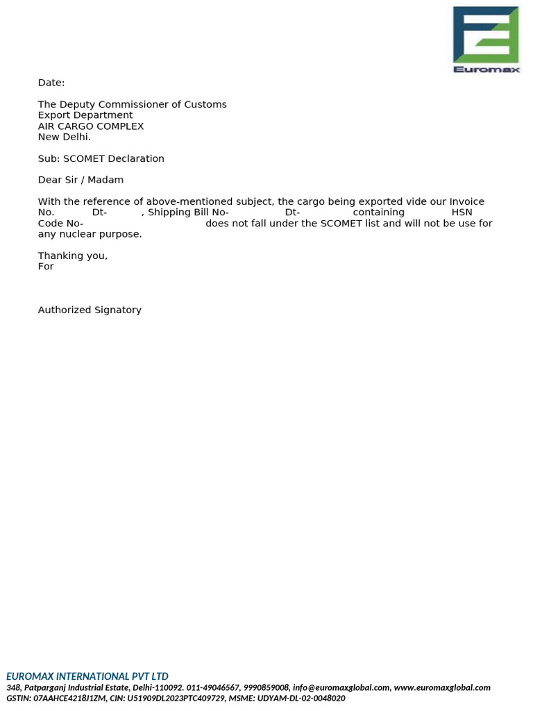 SCOMET Declaration for Export Cargo | PDF