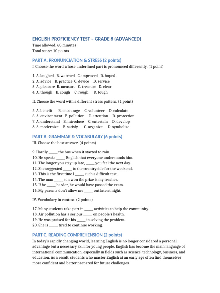 Grade 8 Advanced English Proficiency Test | PDF | English Language ...