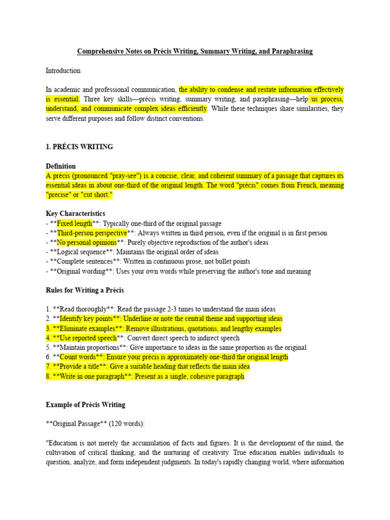 Comprehensive Notes on Précis Writing, Summary Writing, And ...