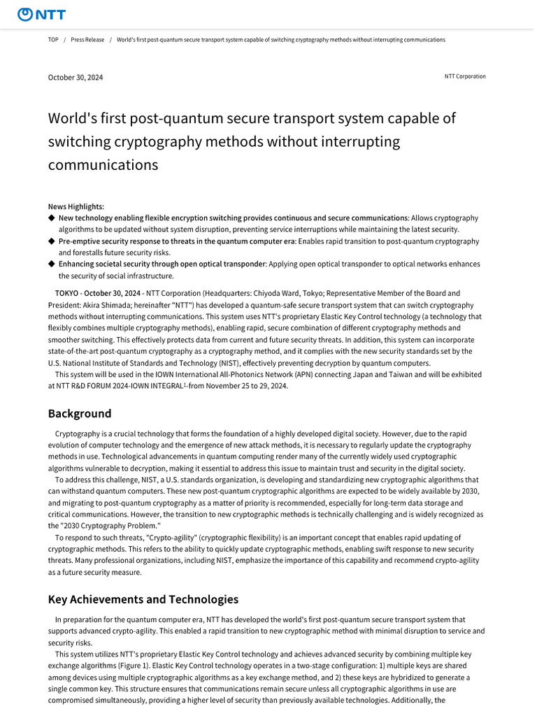 World's First Post-quantum Secure Transport System Capable of Switching Cryptography Methods ...