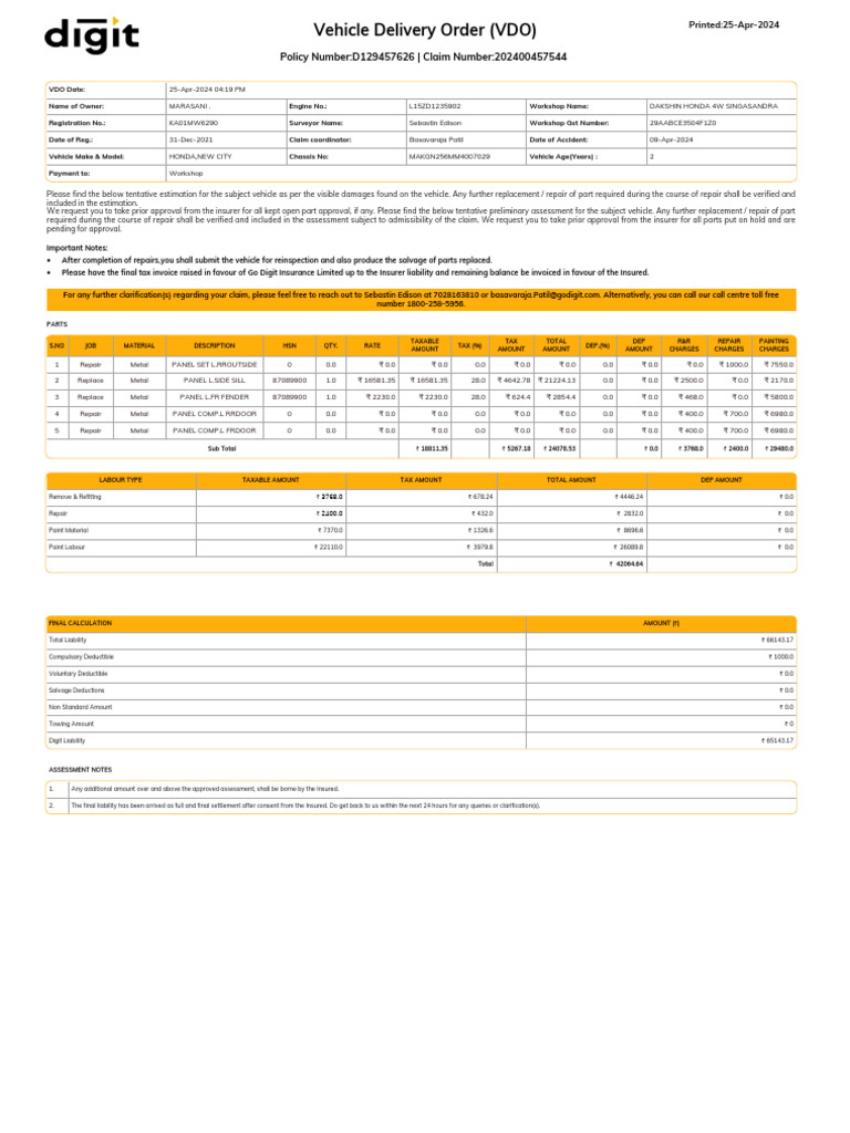 Vehicle Delivery Order for Honda Repair | PDF | Deductible | Public Finance