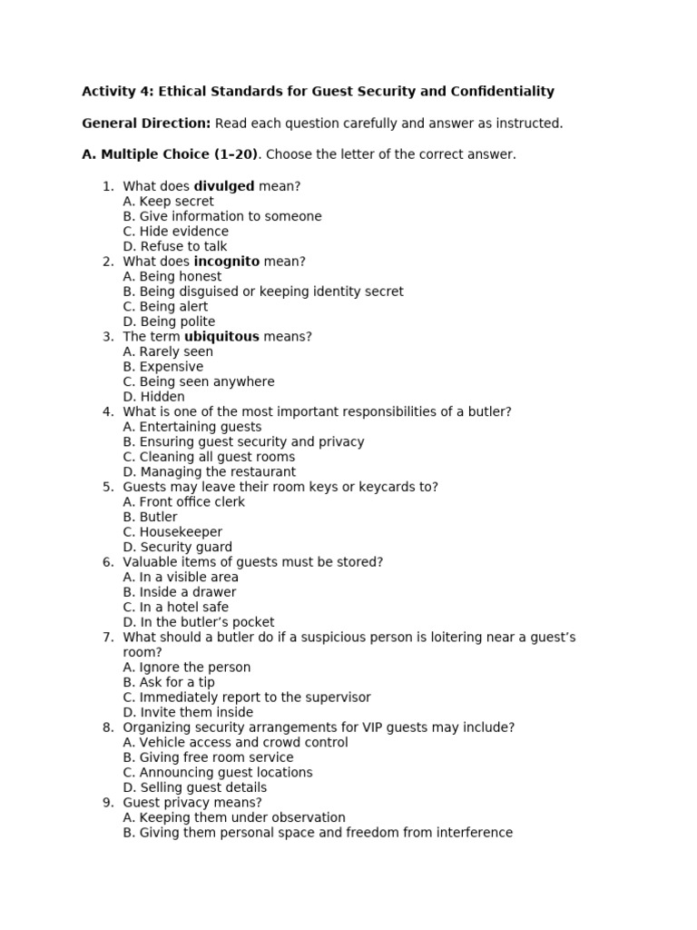 ACTIVITY 4 Ethical Standards for Guest Security and Confidentiality ...