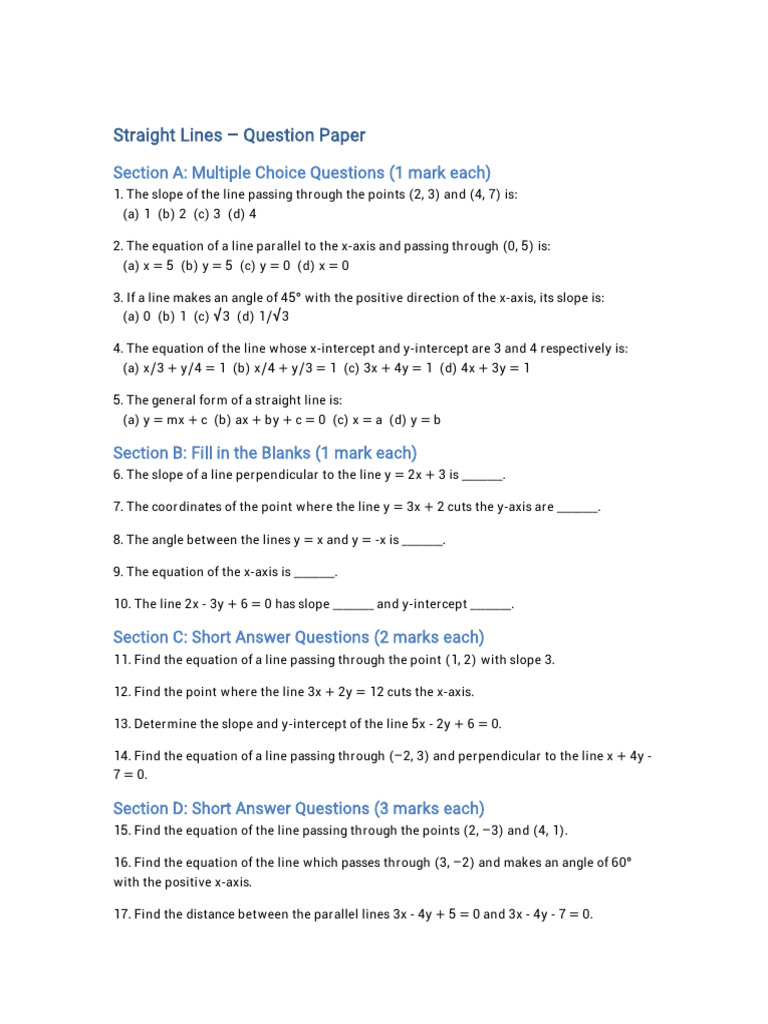 Straight Lines Question Paper | PDF