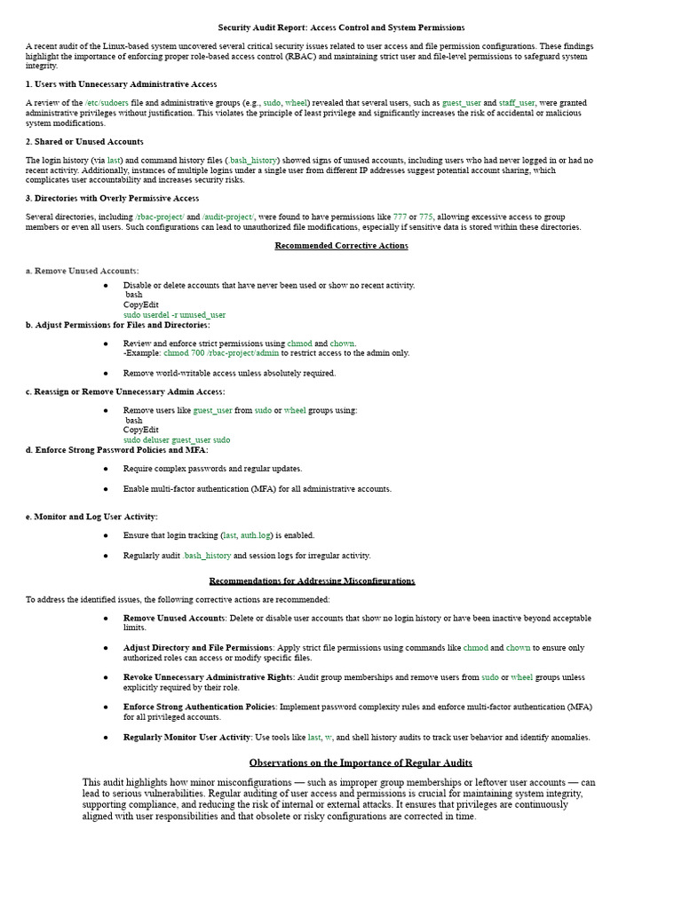 Security Audit Report: Access Control and System Permissions | PDF | Sudo | Software