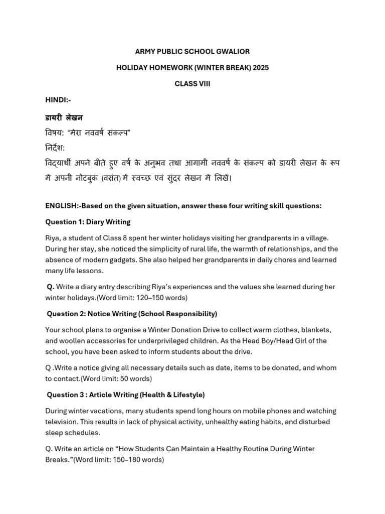 Winter Break Homework for Class VIII | PDF