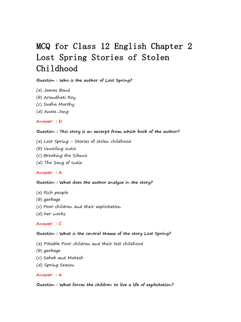 MCQs on Lost Spring for Class 12 | PDF