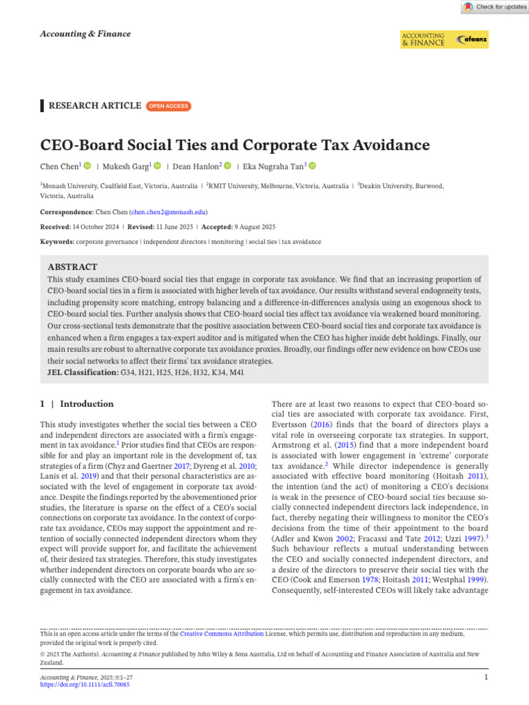Accounting Finance - 2025 - Chen - CEO‐Board Social Ties and Corporate ...