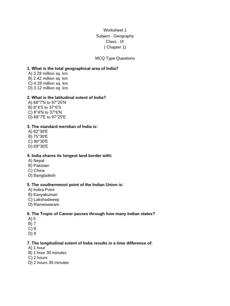 Worksheet Ch 1 Geography Class 9th | PDF