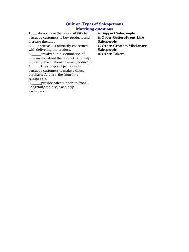 Quiz on Salesperson Types | PDF