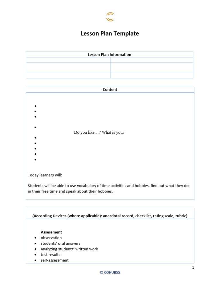 Lesson Plan Template TESOL.docx | PDF | Learning | Educational Assessment