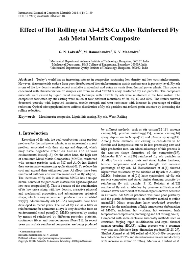 The Effect of Hot Rolling on Al-4. 5_Cu Alloy Reinforced Fly Ash Metal ...