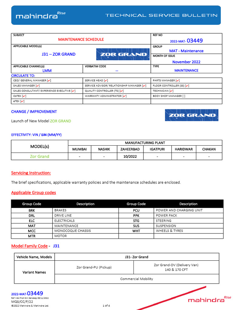 Zor Grand Maintenance Schedule 2022 | PDF | Brake | Steering