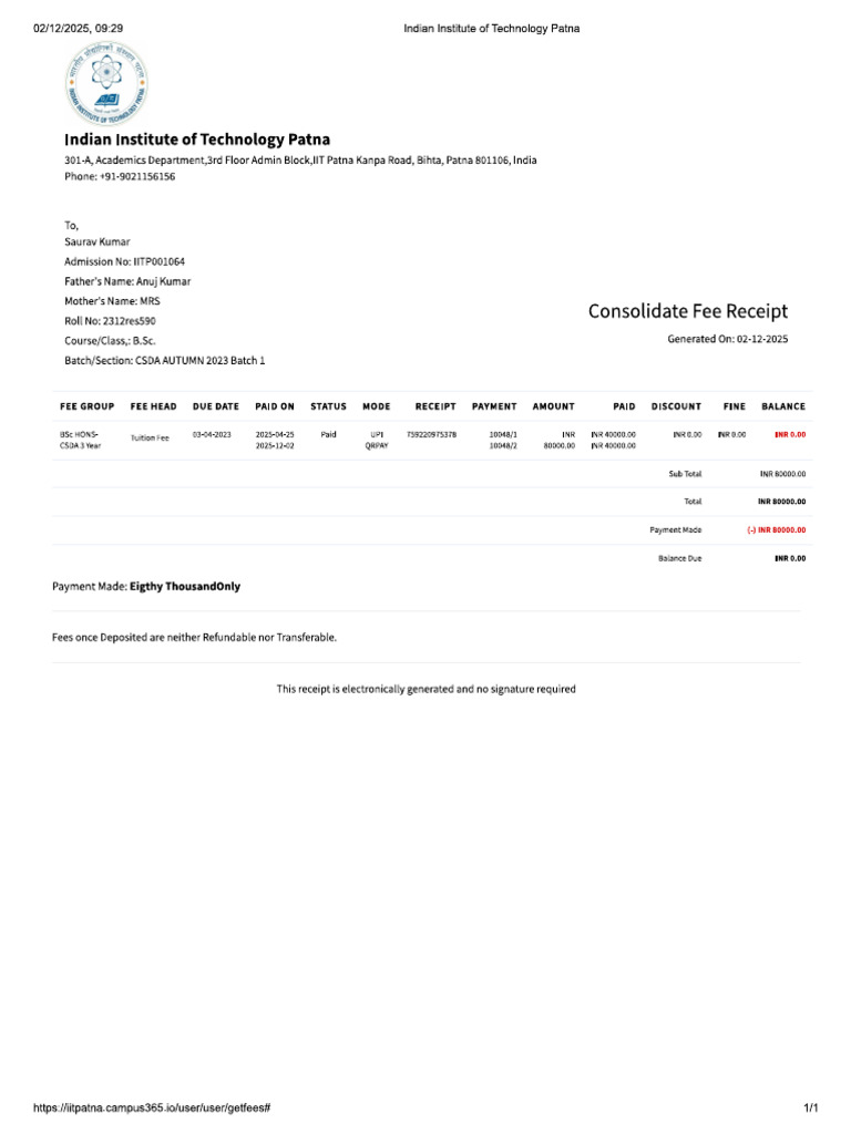 Fee Receipt Last Semester | PDF