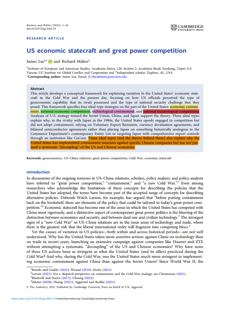 US Economic Statecraft in Great Power Rivalry | PDF | Communism ...