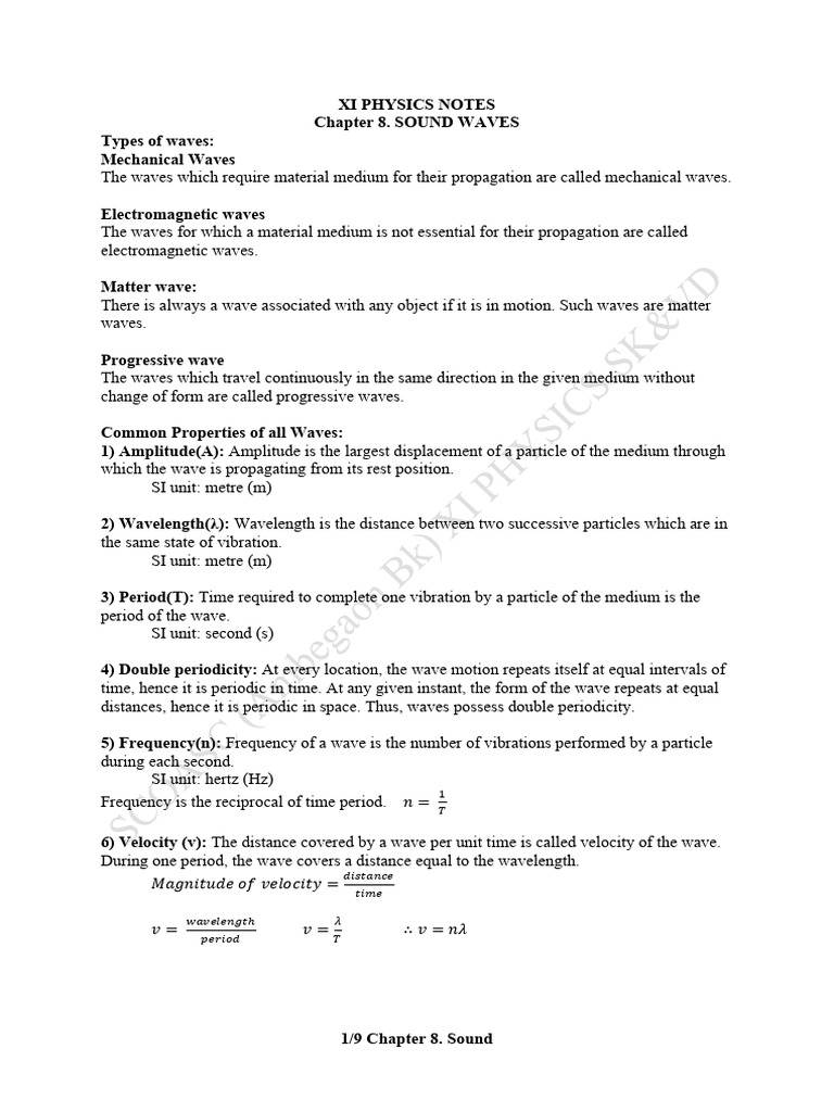 XI Physics Chapter 8. Sound Chapter Notes | PDF | Waves | Sound
