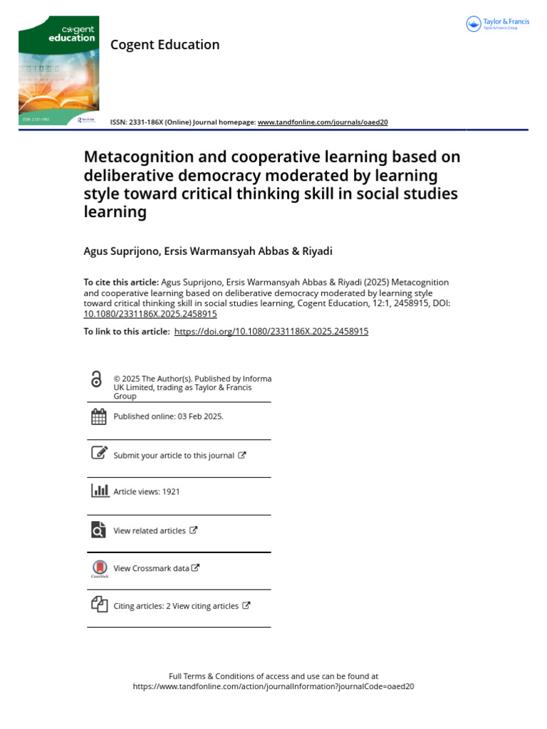 Metacognition and Cooperative Learning Based On Deliberative Democracy ...