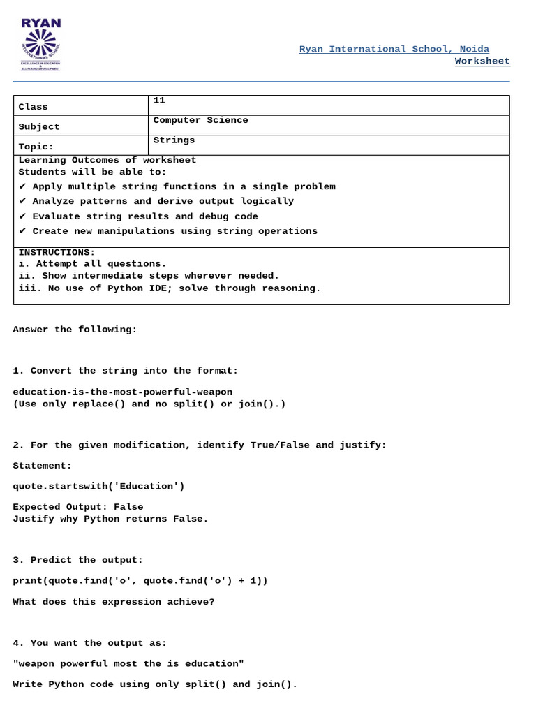 Ryan International School, Noida: Worksheet | PDF
