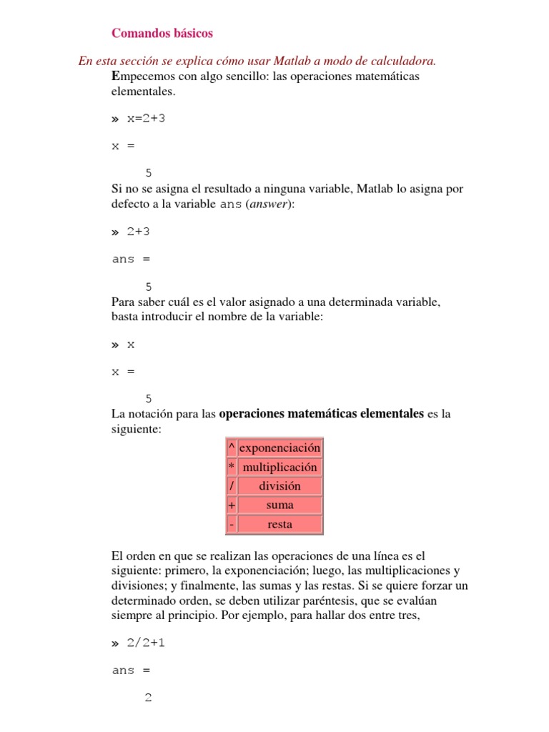 Comandos Básicos de Matlab | PDF | Matriz (Matemáticas) | Programa de ...