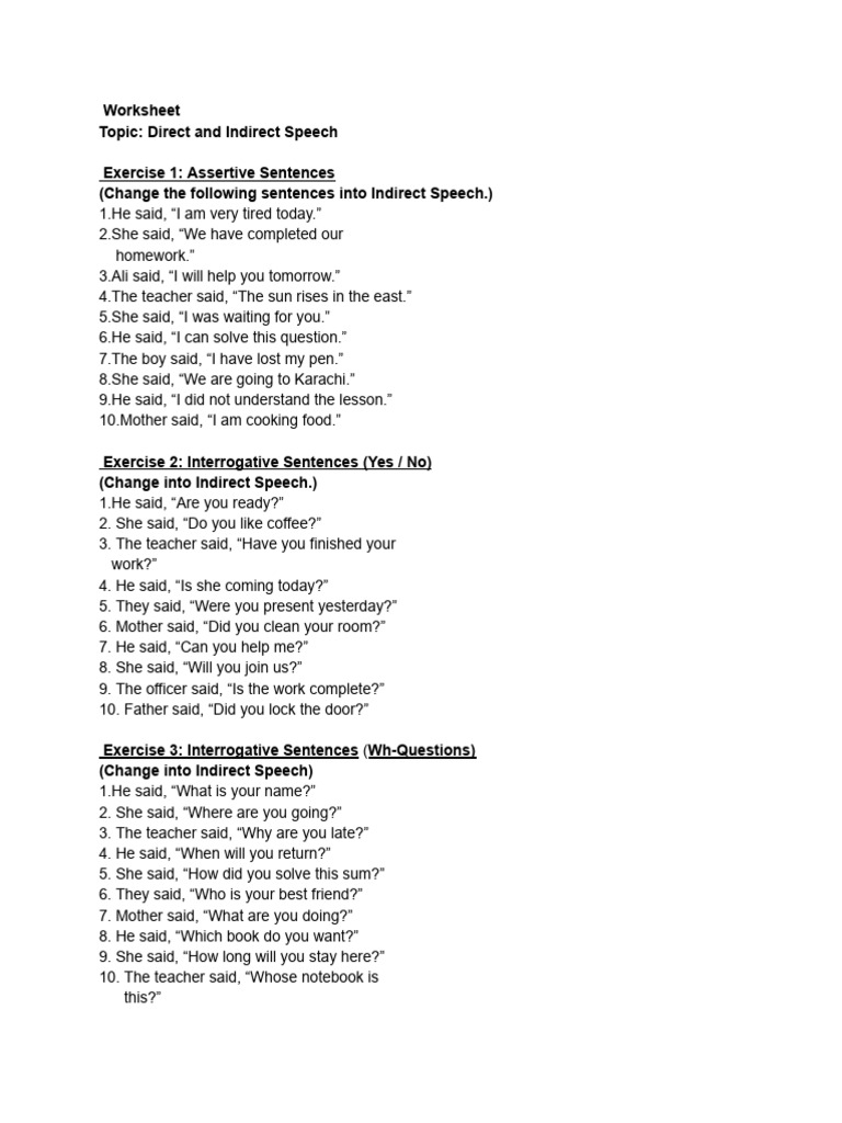 Indirect Speech Exercises Worksheet | PDF | Question | Linguistics
