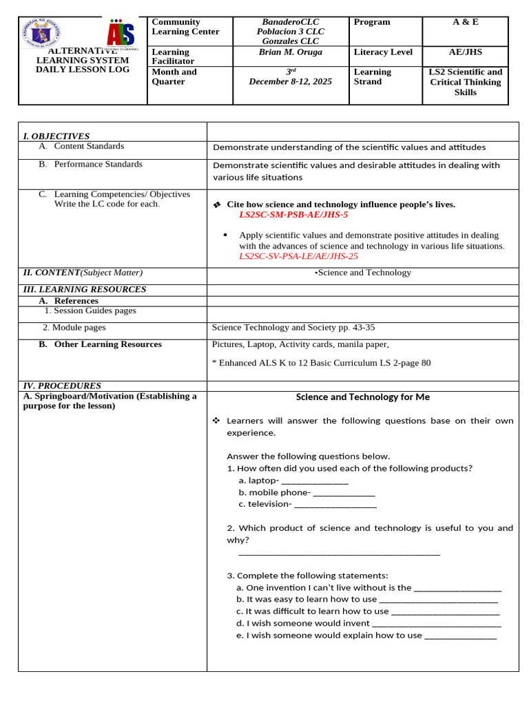 Daily Lesson Log: Science & Technology | PDF | Science | Learning