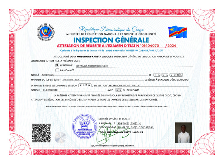 Attestation Katanga Mutombo Jules | PDF