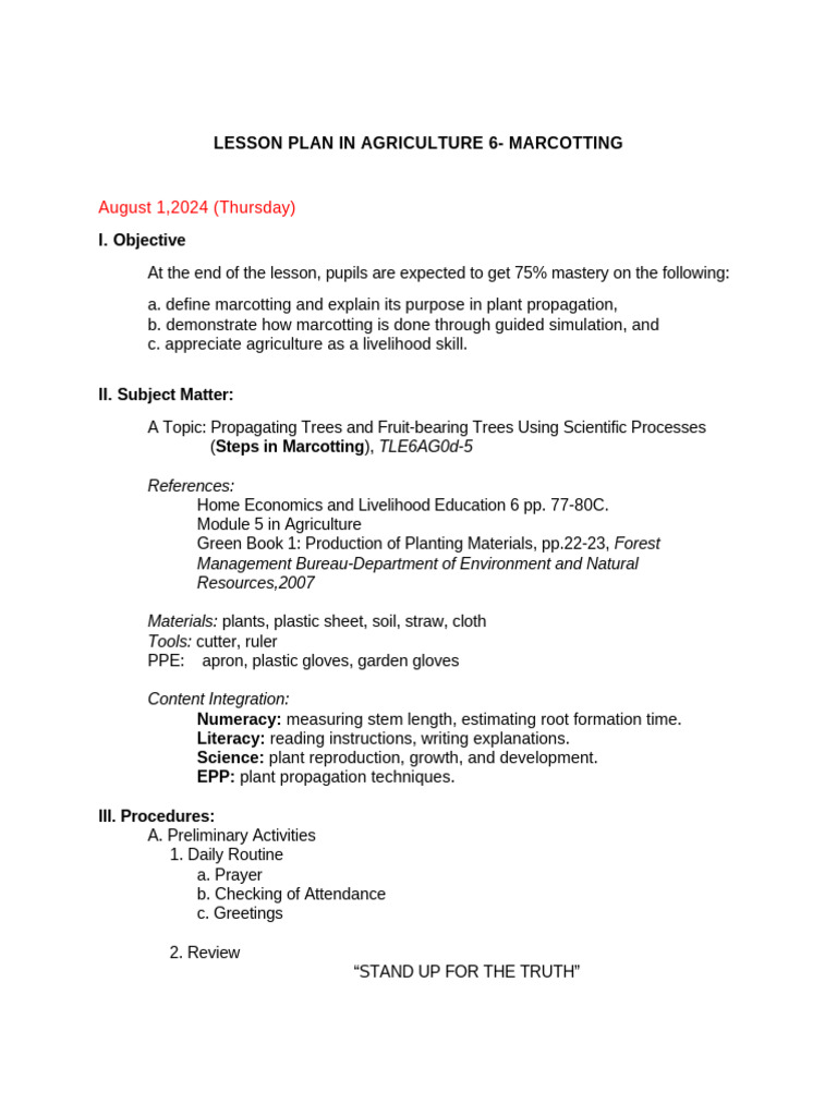Marcotting Lesson Plan for Agriculture 6 | PDF | Grafting | Root