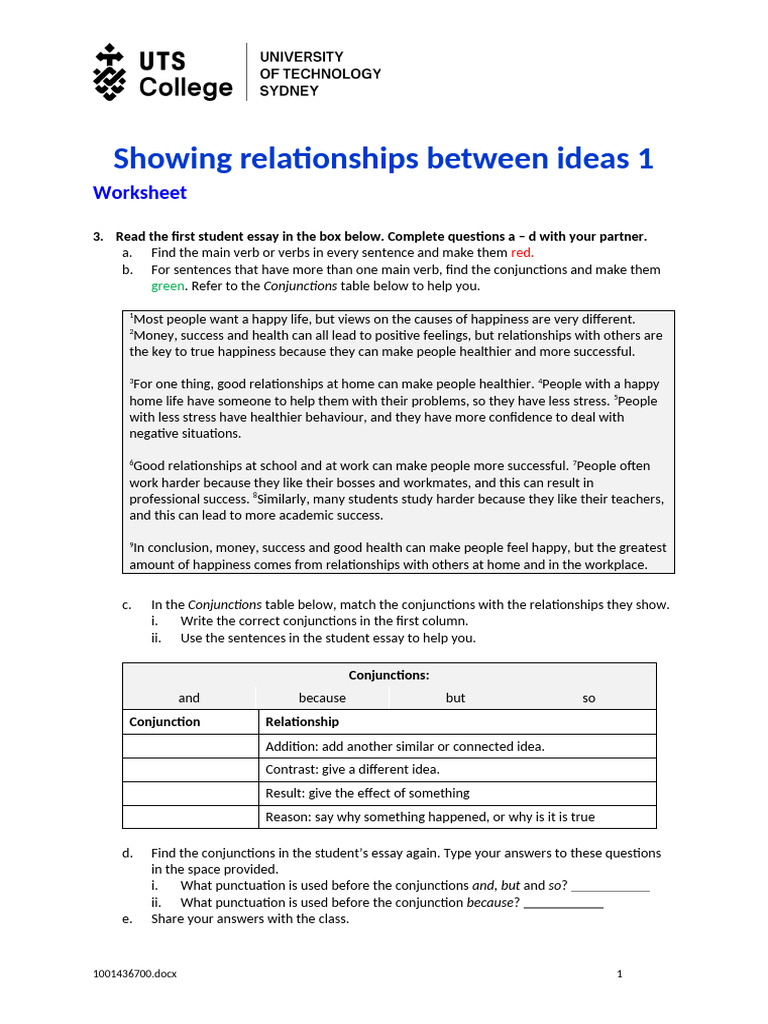 Showing Relationships Between Ideas 1 - Worksheet | PDF