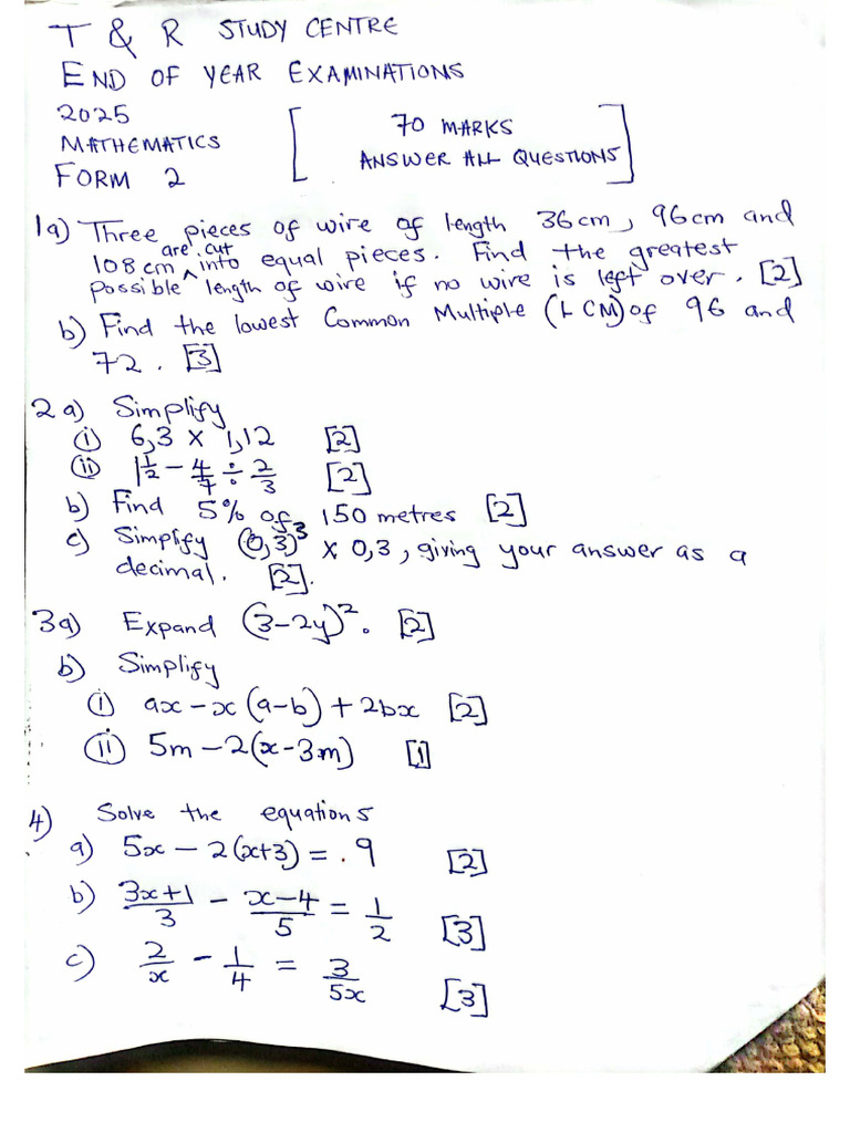 Form 2 Maths Exam 2025 End of Yeah | PDF