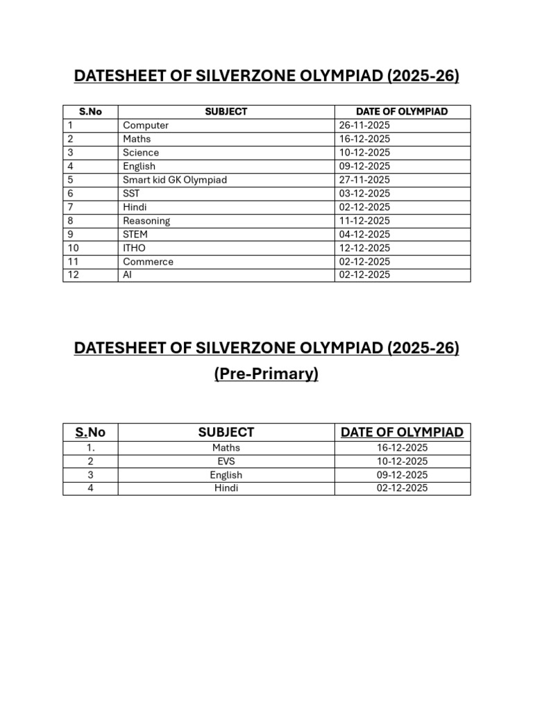 Silverzone Olympiad Datesheet 2025-26 | PDF