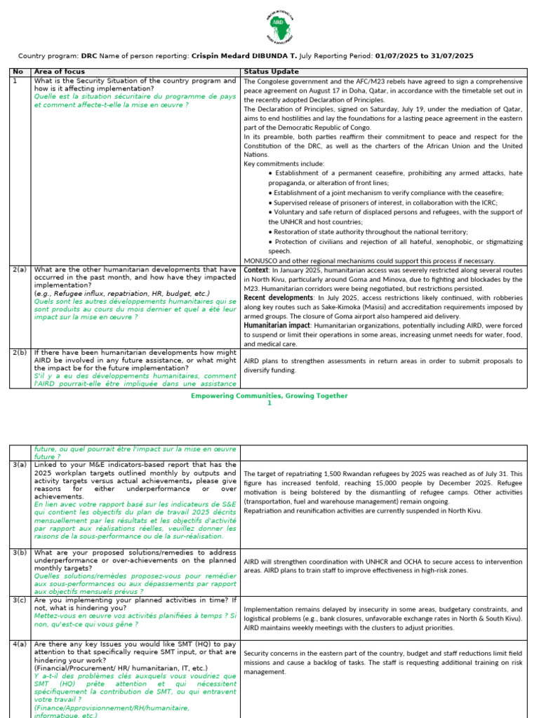 DRC July 2025 Security and Humanitarian Update | PDF | Democratic ...