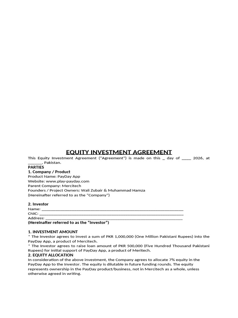 Equity Investment Agreement for PayDay App | PDF | Equity (Finance ...