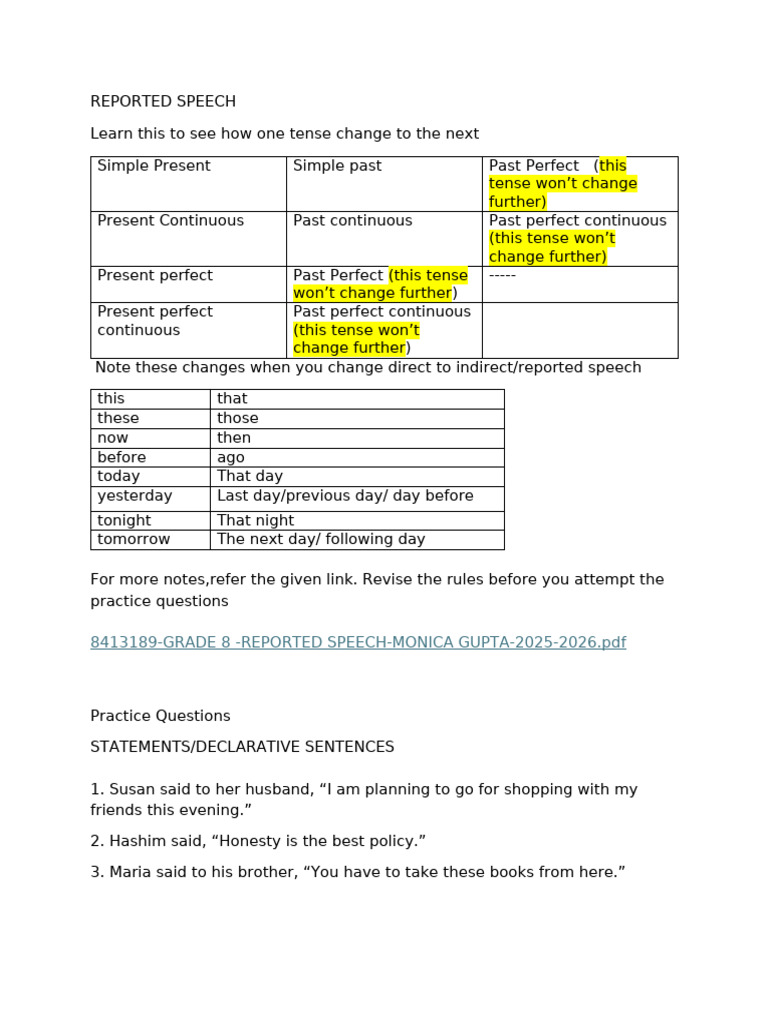 Reported Speech Practice Questions | PDF | Chess Openings | Language ...
