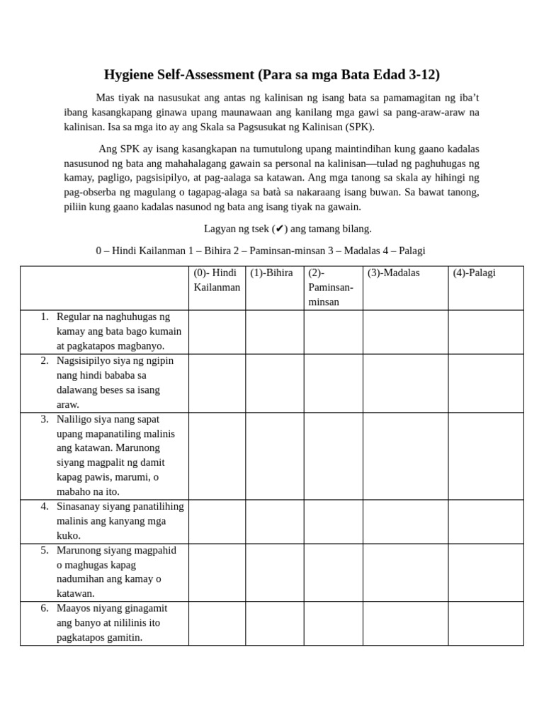 Hygiene Self Assessment | PDF