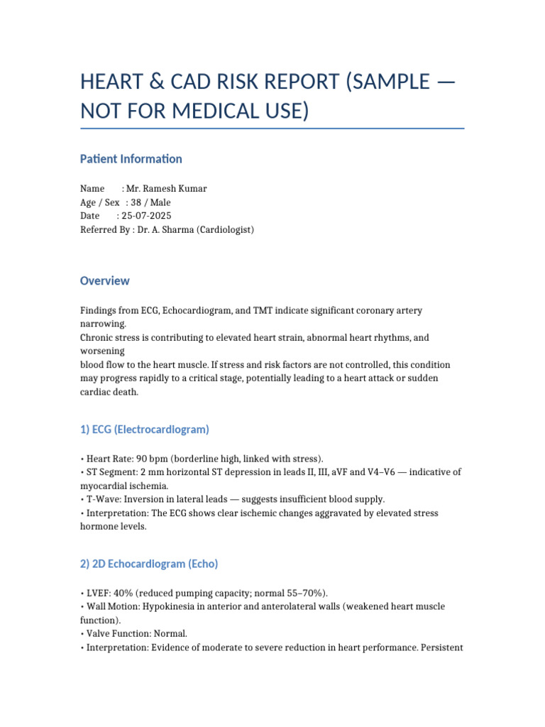 Heart Risk Report: CAD & Stress Analysis | PDF | Heart | Myocardial ...