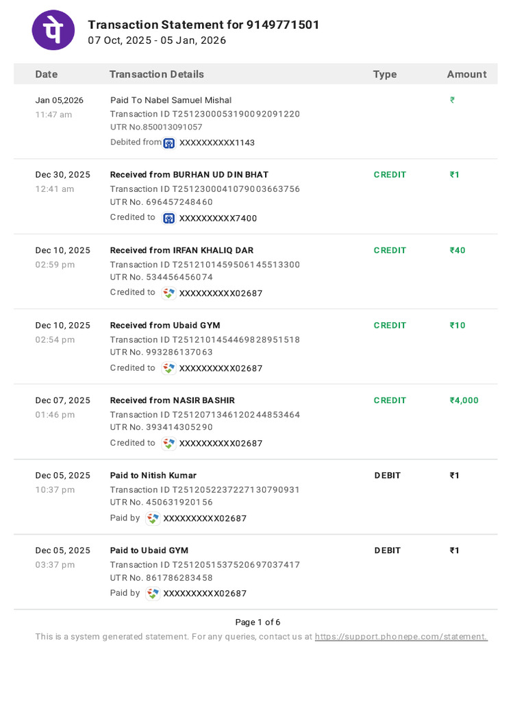 PhonePe Transaction Statement 2025-2026 | PDF | Debit Card | Service ...