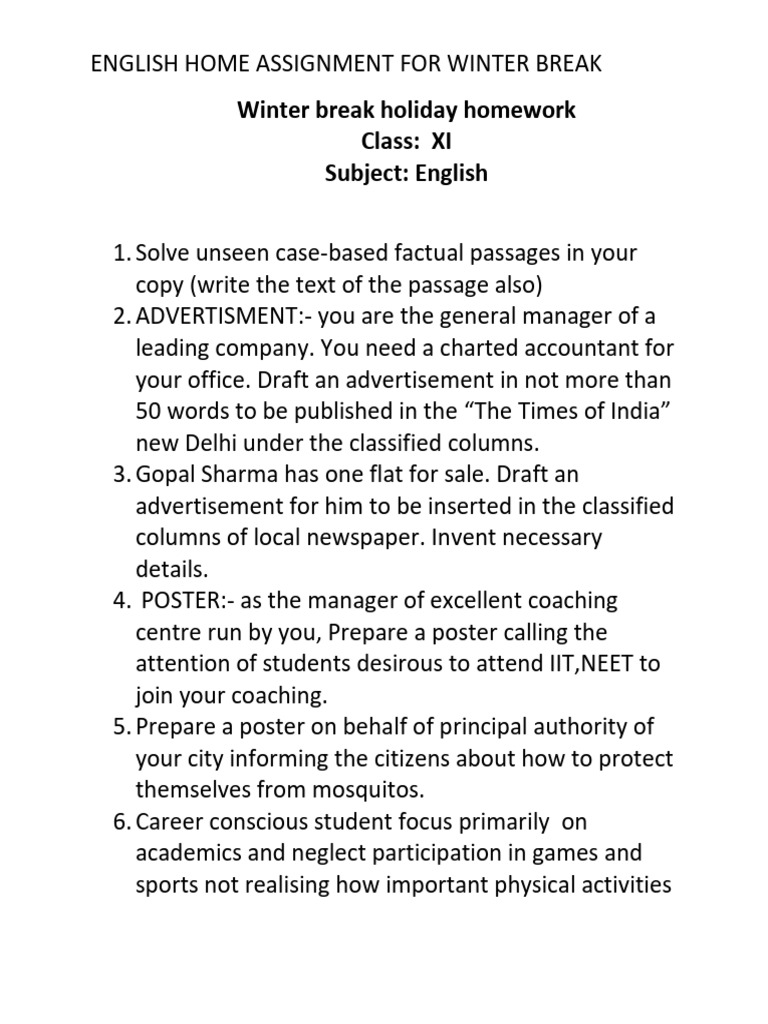 English Winter Break Assignment XI | PDF