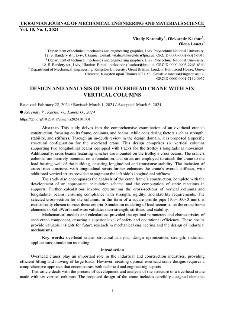 Design and Analysis of The Overhead Cran | PDF | Crane (Machine ...